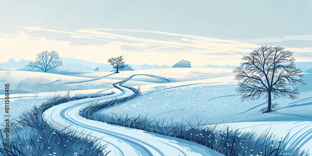 Winter cartoon landscape, snowing scene illustration winding path ...