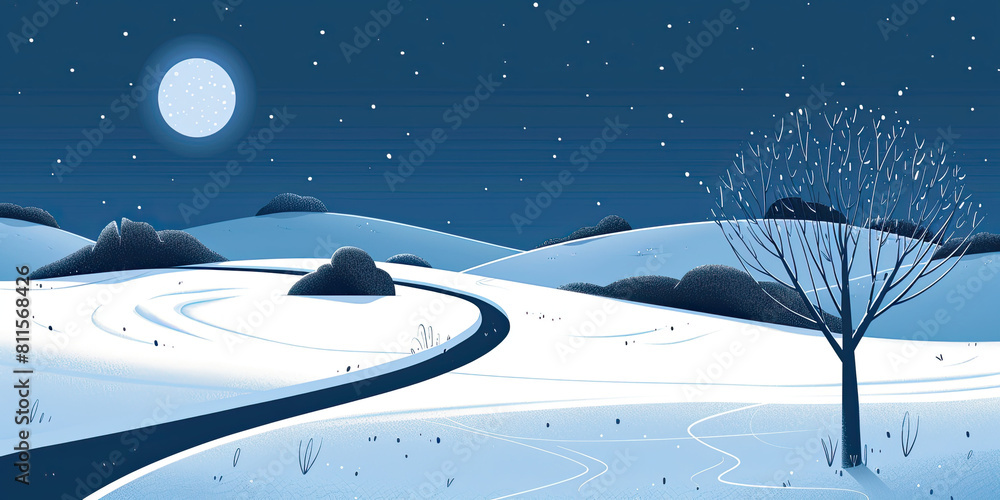 Winter cartoon landscape, snowing scene illustration winding path ...