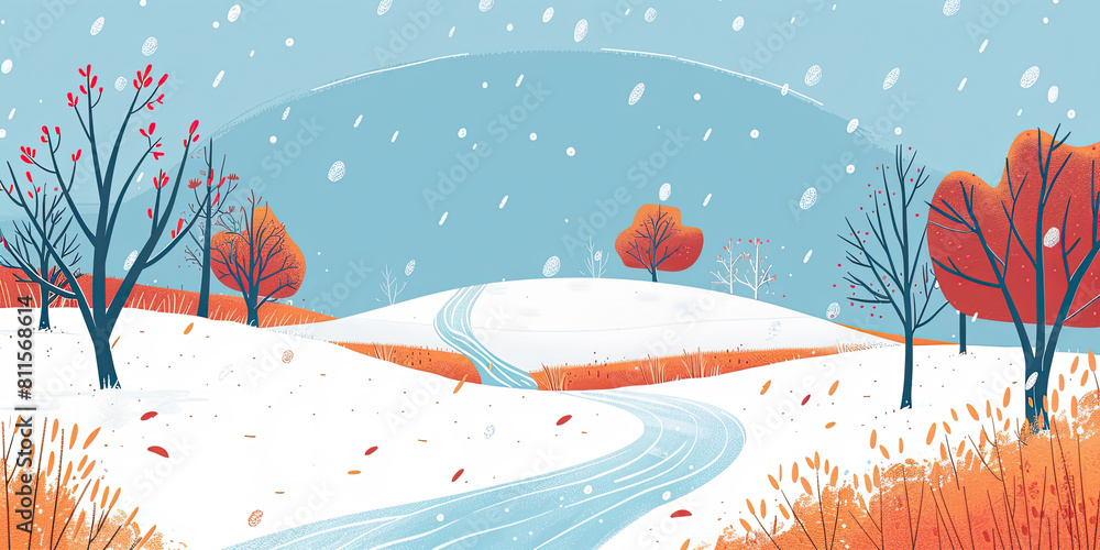 Winter cartoon landscape, snowing scene illustration winding path ...