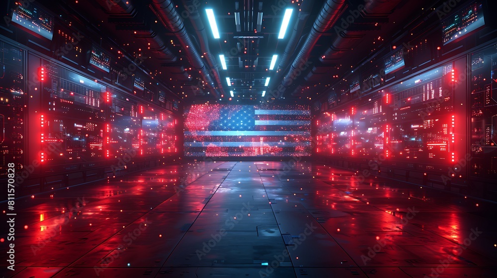 A high-tech US flag with dynamic LED stripes and a star field of small ...