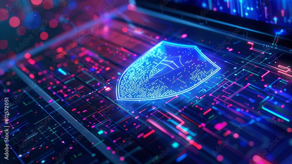 Laptop and cybersecurity shield, blue digital protection, online safety symbol, secure internet ...