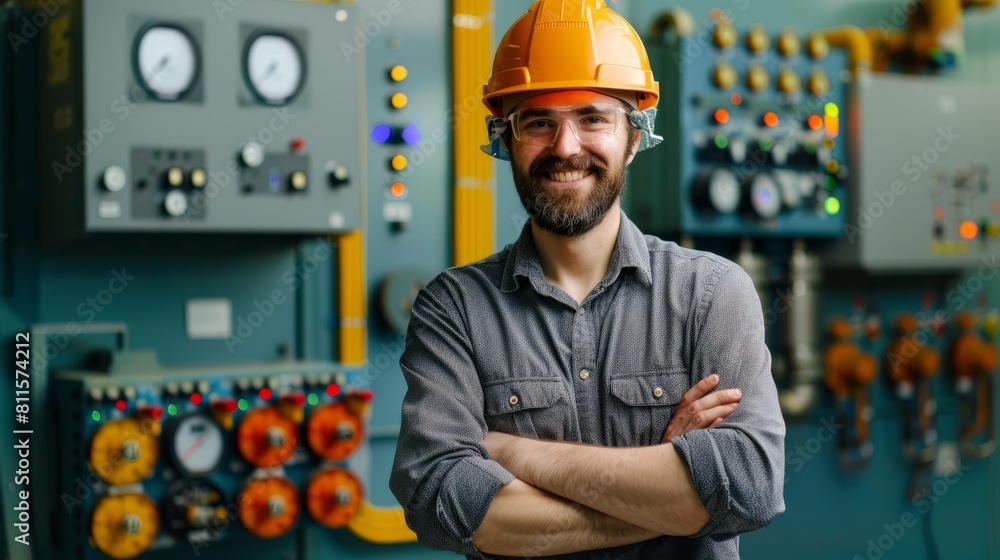 Foto de Portrait of proud smiling electrical engineer with hard hat in ...