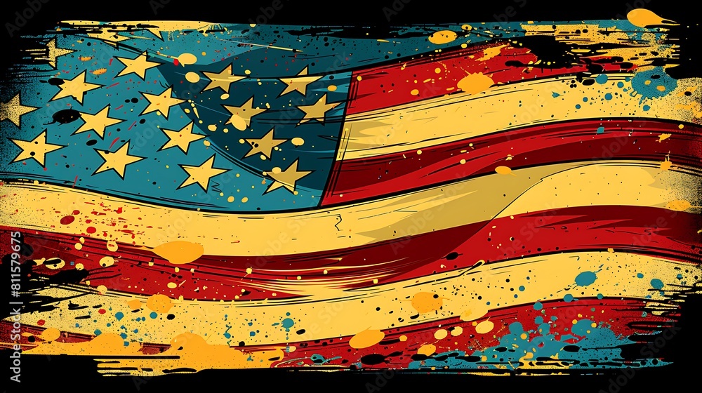 An animated retro comic panel of the US flag, with each stripe telling ...
