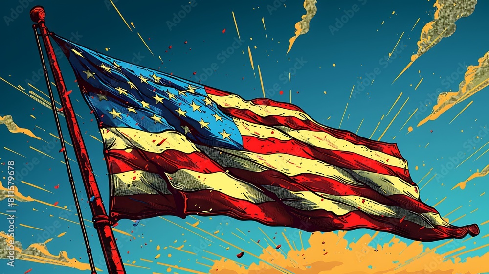 An animated retro comic panel of the US flag, with each stripe telling ...