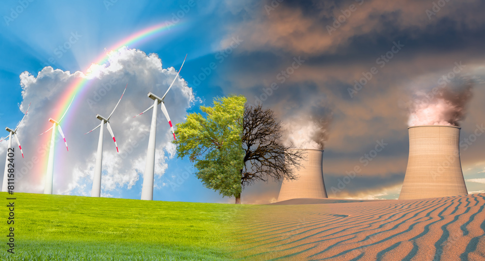 Clean and dirty energy concept - Renewable Wind Energy vs Chimneys of ...