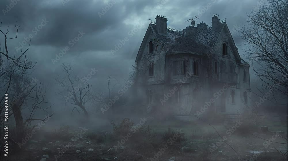 Mysterious misty landscape with a medieval house. Enigmatic allure of ...