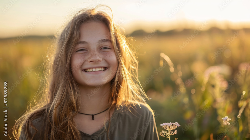 Happy 15 years old teenage girl portrait in middle of beautiful nature ...