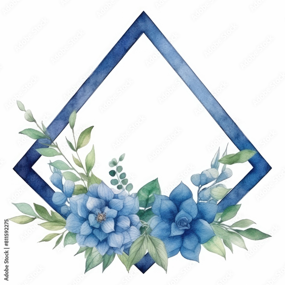 Watercolor blue floral frame in rhombus shape. An image of diamond ...