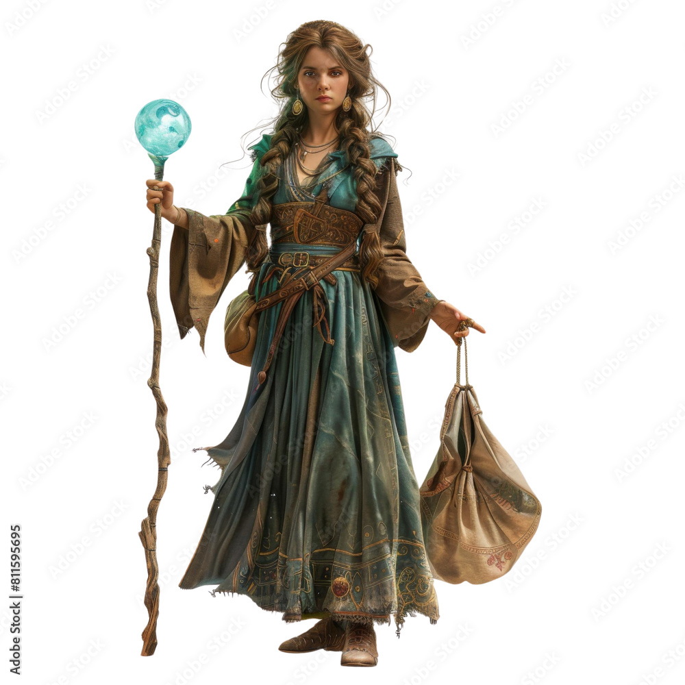 A fantasy female wizard in a detailed costume transparent background ...