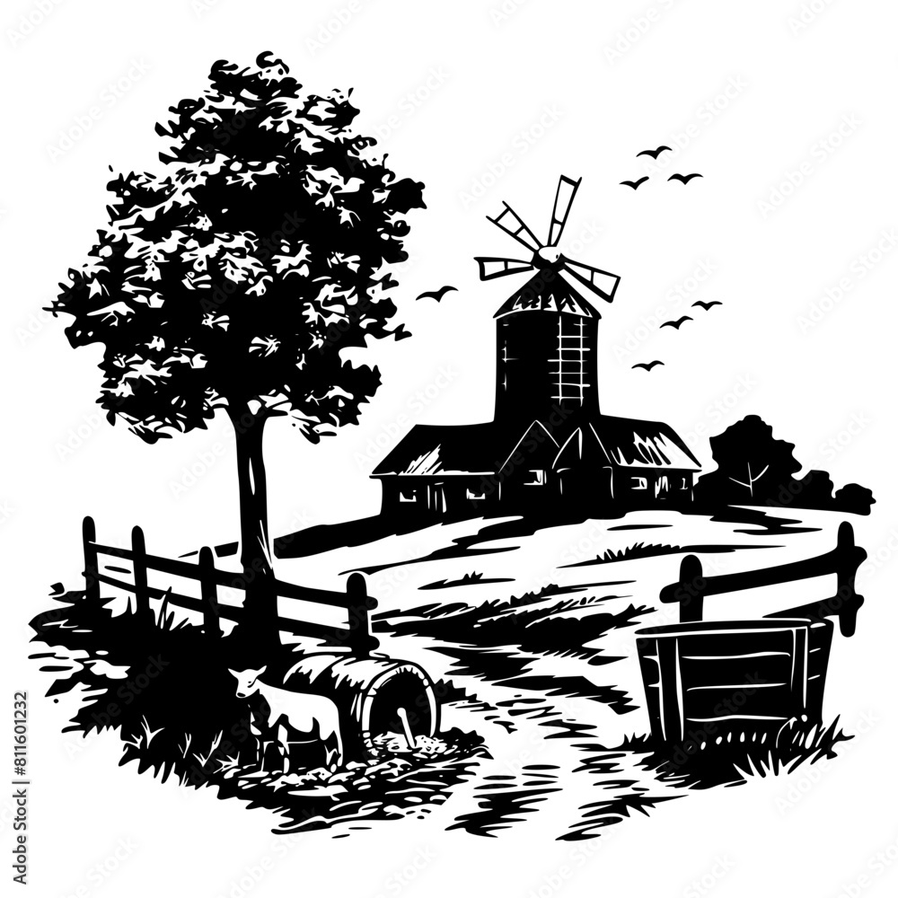 Vecteur Stock Farm Silhouette Farm Scene Farm Scene Dxf Farm Scene