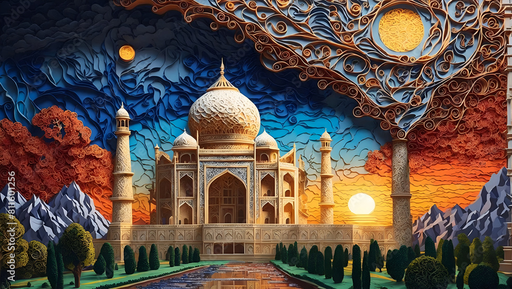 Magical scenic of taj mahal with filigree paper quilling art design ...