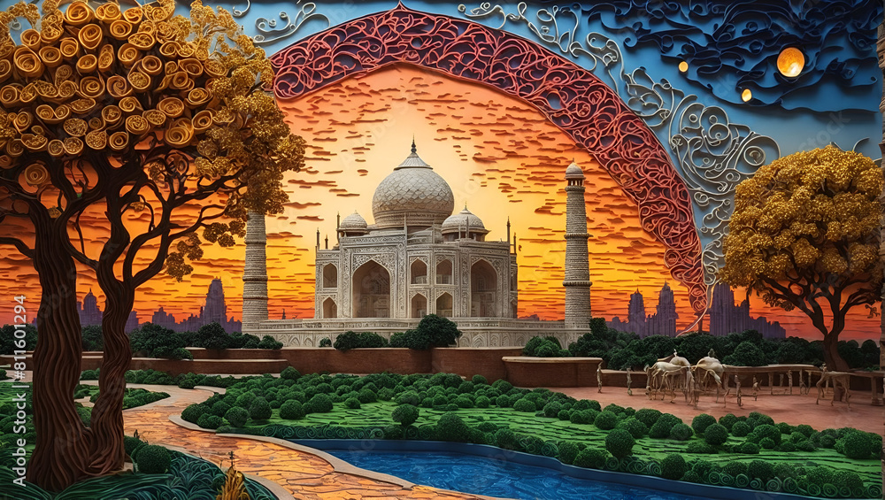 Magical scenic of taj mahal with filigree paper quilling art design ...