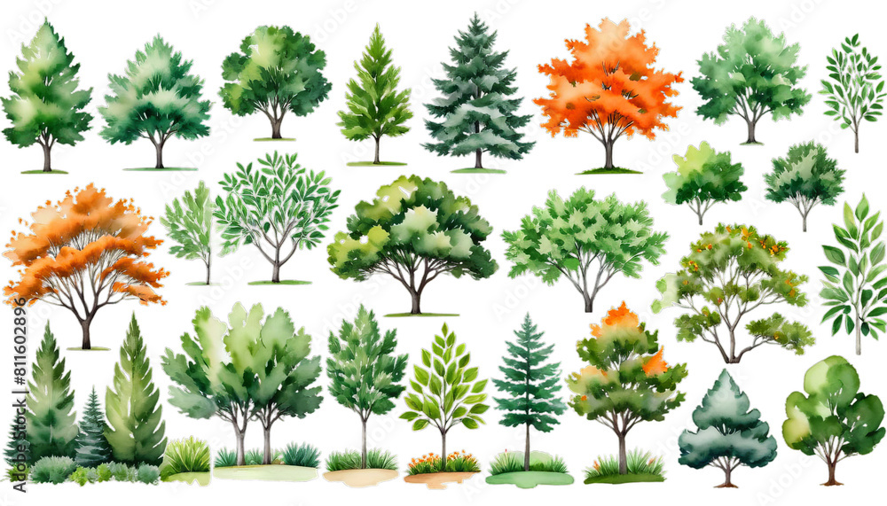 watercolor pictorial trees landscape top set drawn view shrubs orange ...