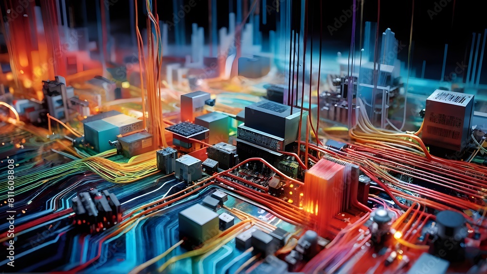 abstract data stream cascades over a circuit board transforming into ...