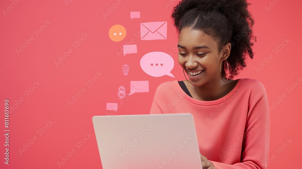 A teenager typing excitedly on a laptop, surrounded by digital messages ...