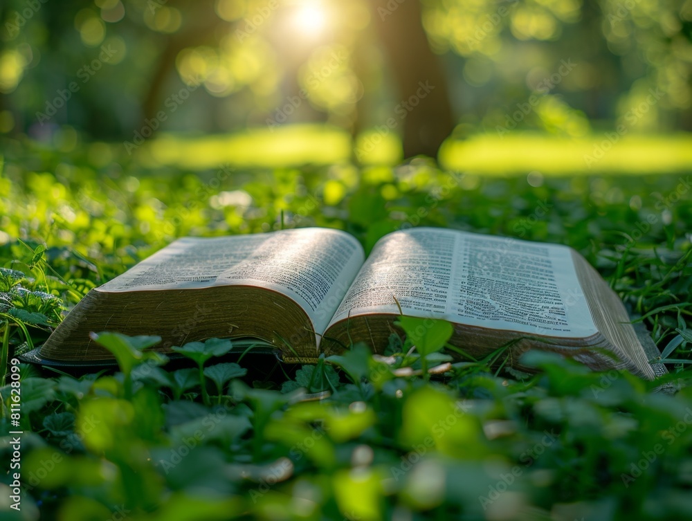 A Bible book is open and placed on the green grass, with the sun ...