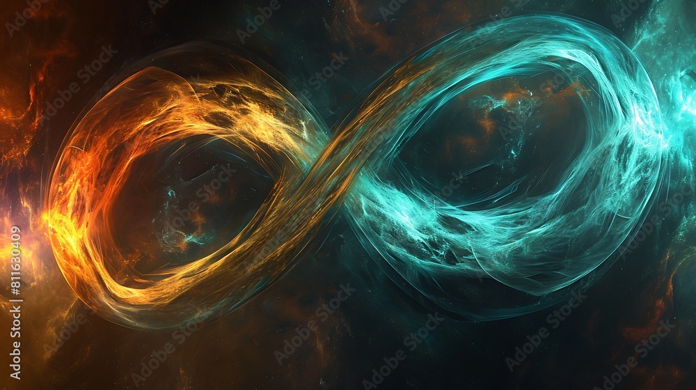 The image is an abstract painting of two infinity symbols. The symbols ...