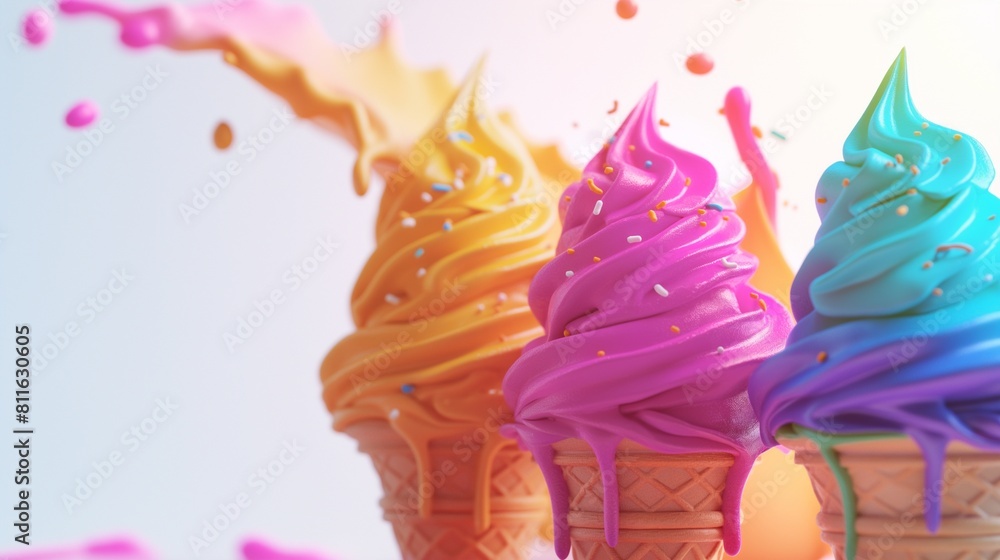 A rainbow of flavored ice cream cones crashing into each other, mixing ...