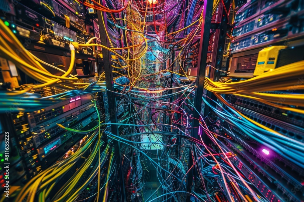 Many wires are tangled together in a server room, forming a complex ...