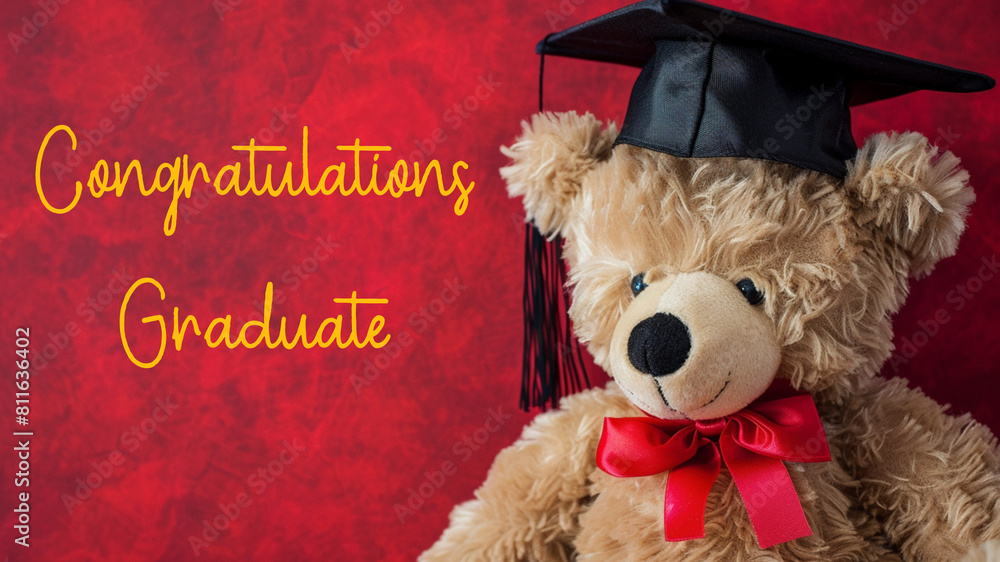 Congratulations graduate in gold font on red background and teddy bear ...