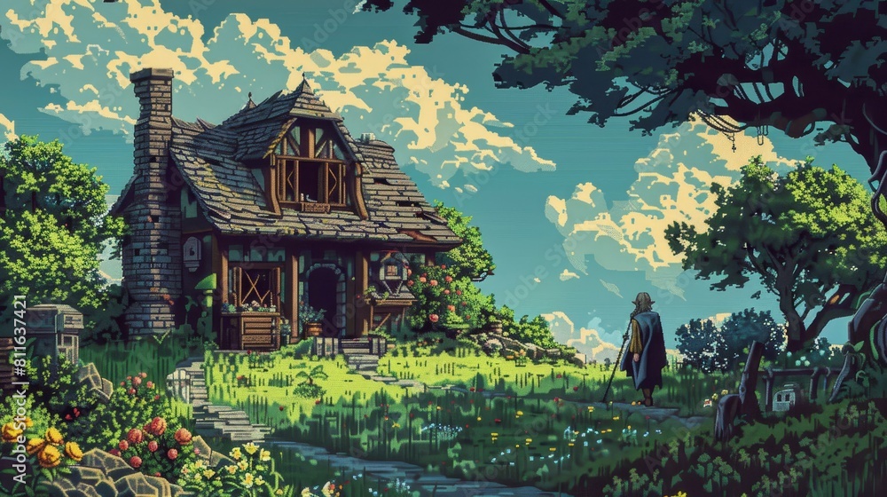 Pixel Art of a small yeomans cottage, guarded by a lone sentinel with a ...