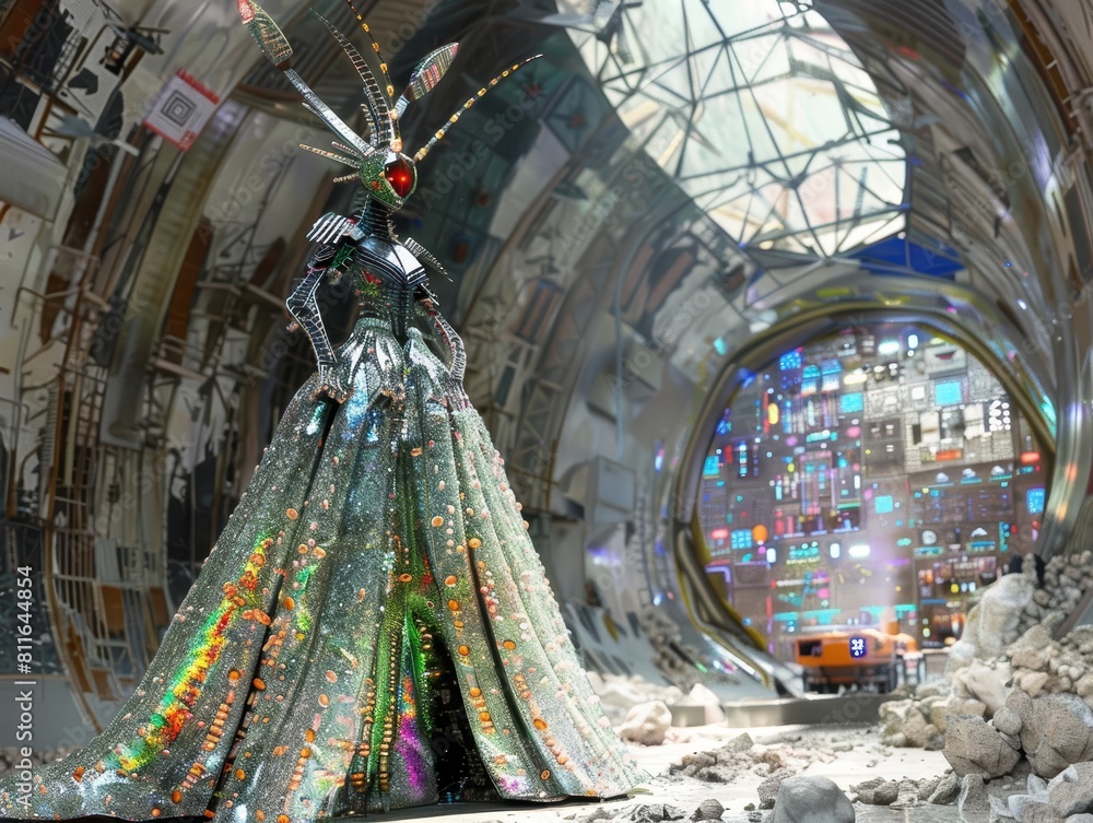 Futuristic cyber of a termite queen wearing a regal, shimmering gown ...