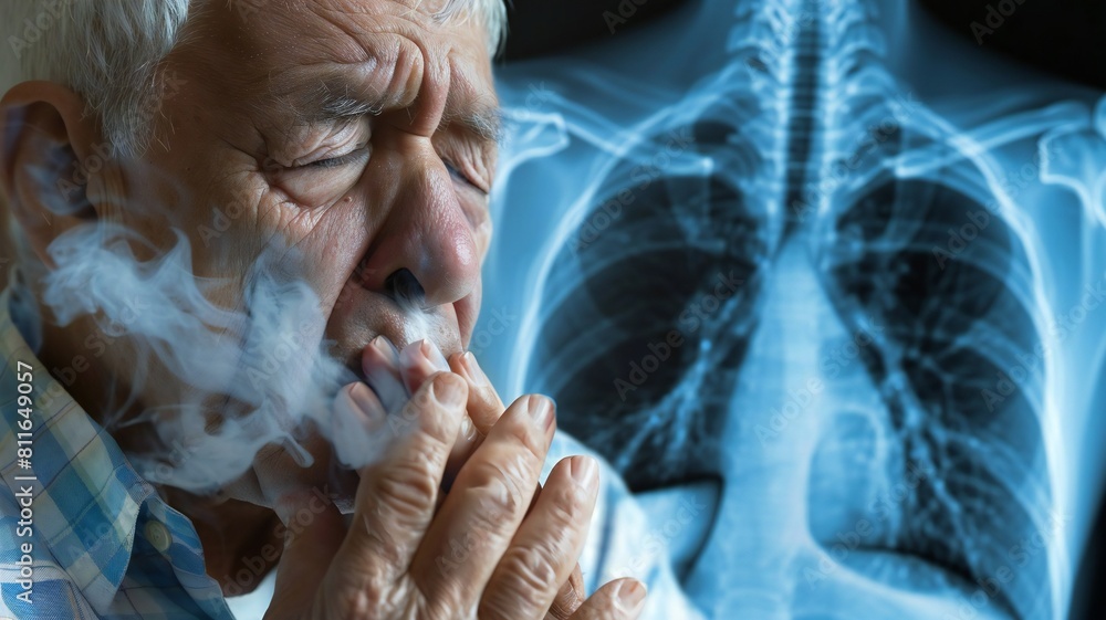 A senior man smoking a cigarette, juxtaposed with his own chest X-ray ...