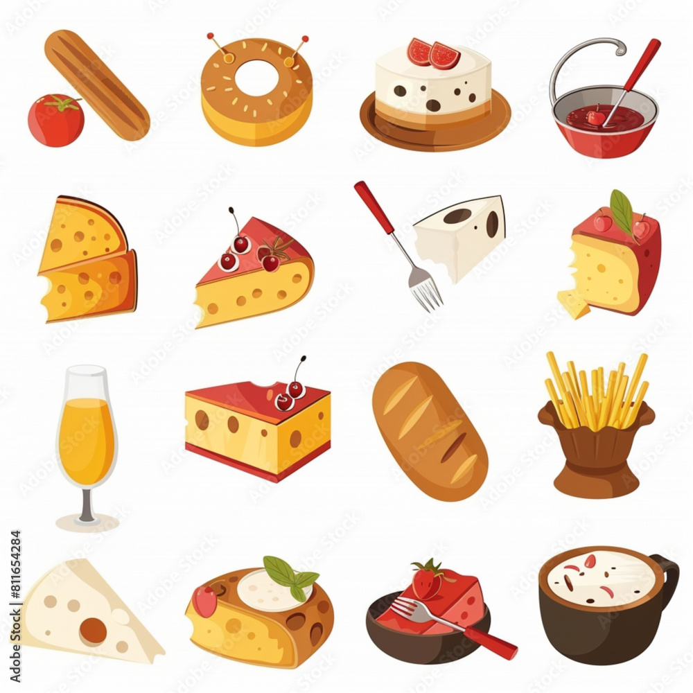 Colorful vector icon set of Swiss cheese fondue in simple shapes with a ...