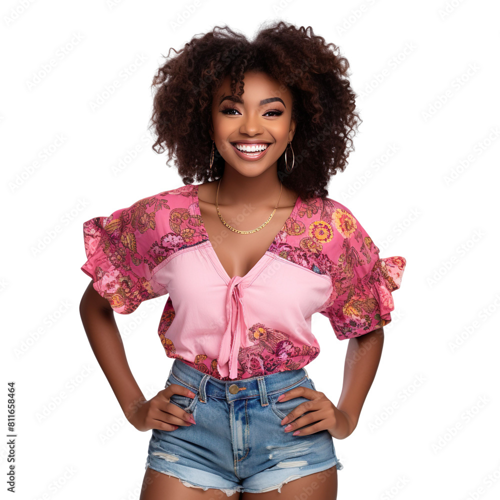 Front view mid shot of a beautiful African woman dressed in a pink ...