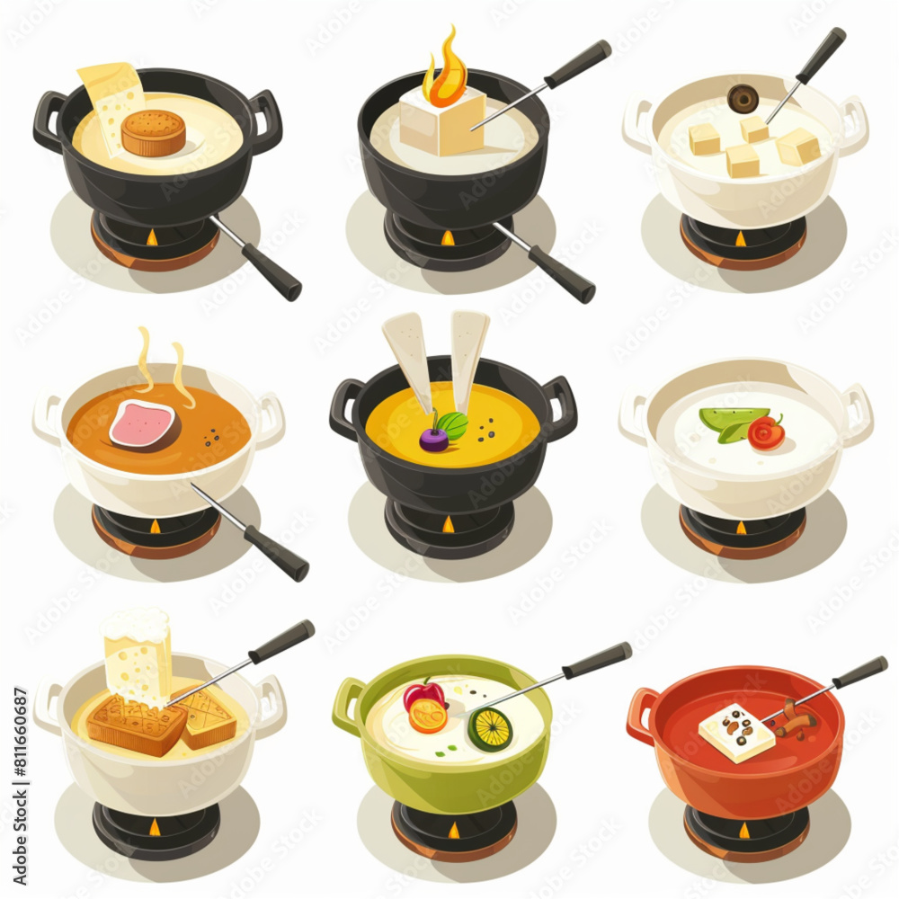 Colorful vector icon set of Swiss cheese fondue in simple shapes with a ...