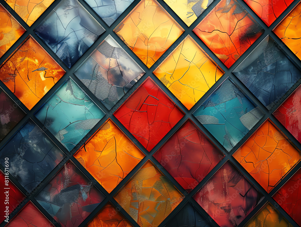 Striking geometric tile art resembling stained glass, showcasing a rich ...