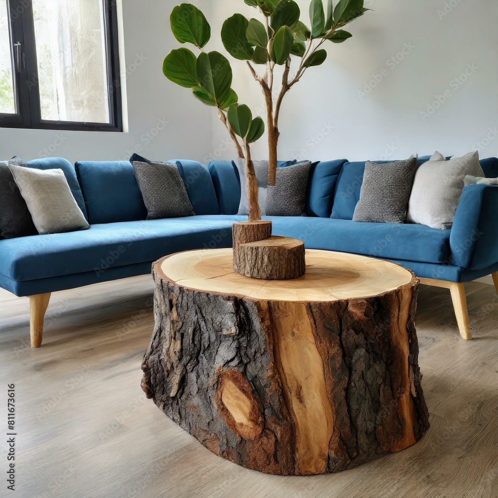 a rustic live edge tree stump accent coffee table positioned near a ...
