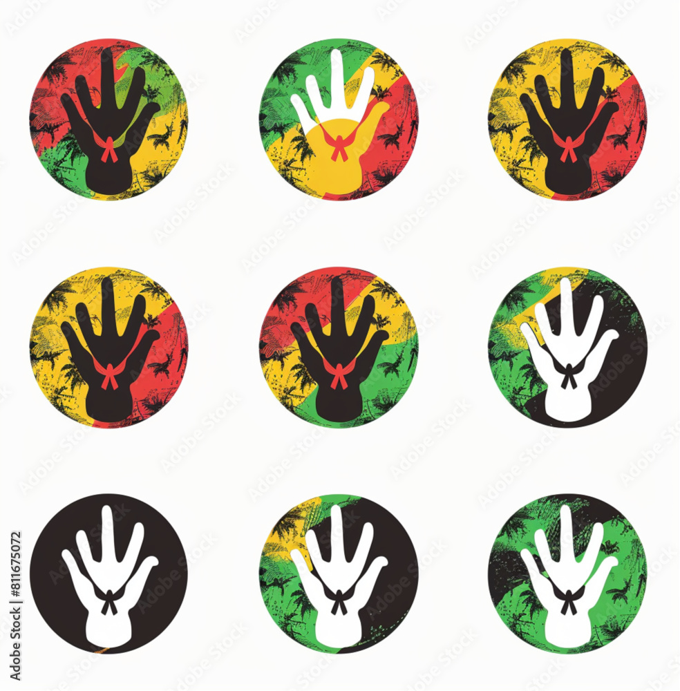 peace sign, hand symbol and rasta colors in circular vector icons set ...
