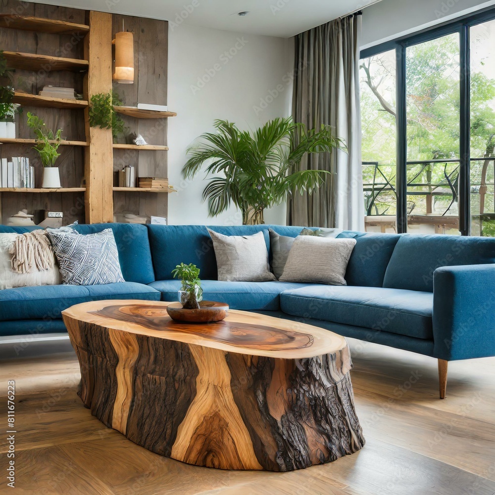 modern living room.a rustic live edge tree stump accent coffee table ...