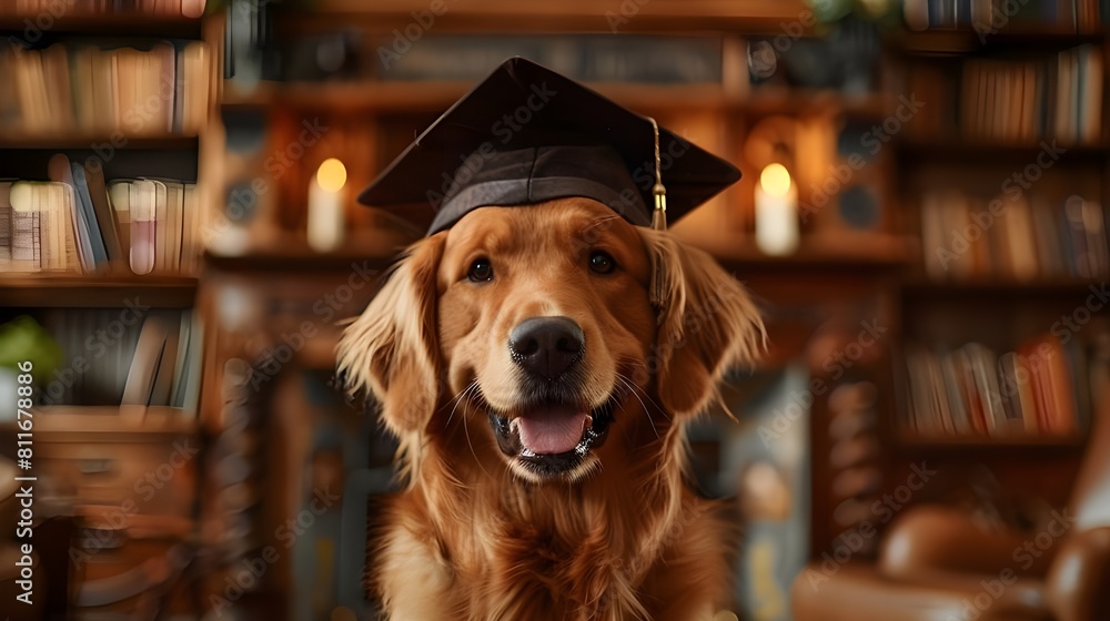 Dog in graduation cap cartton digital art. Happy smiling golden ...