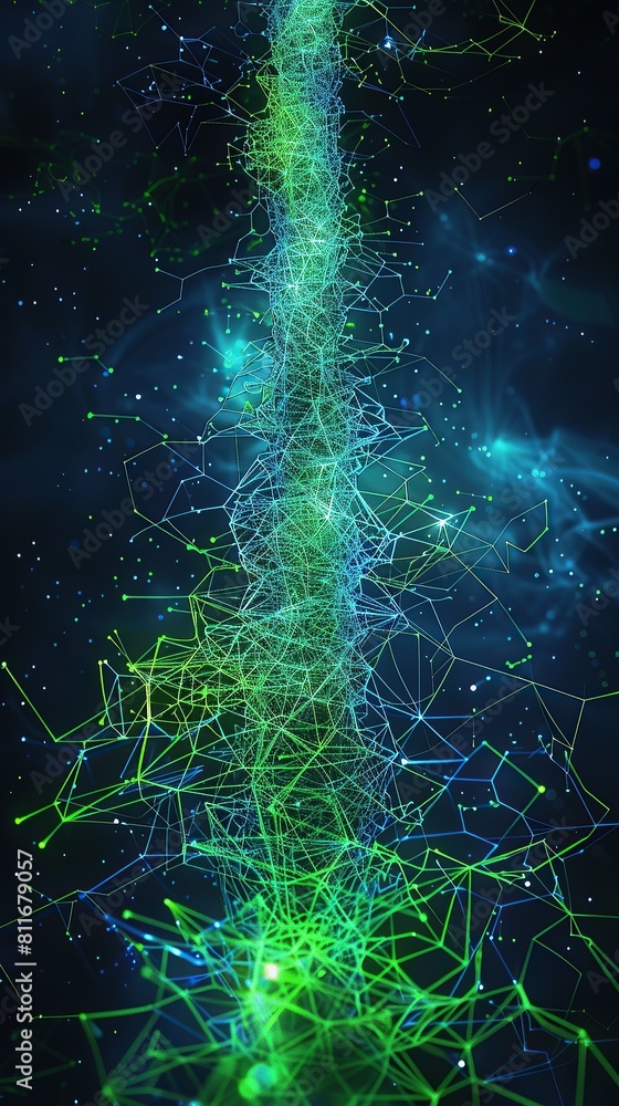 A column of glowing green and blue plexus connections streaming ...
