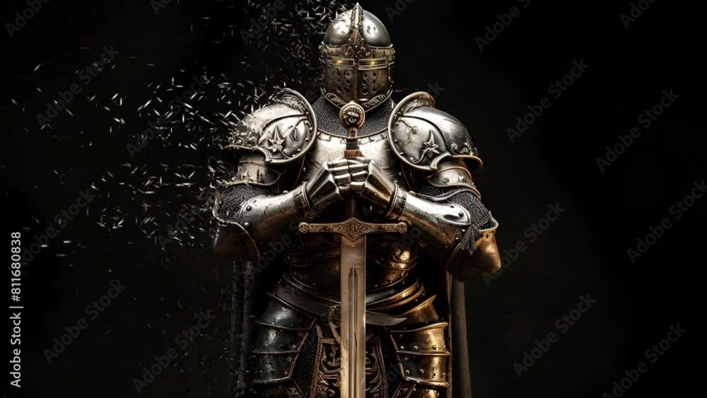 The hero knight holds a sword, standing bravely, thrust the sword; 4k ...