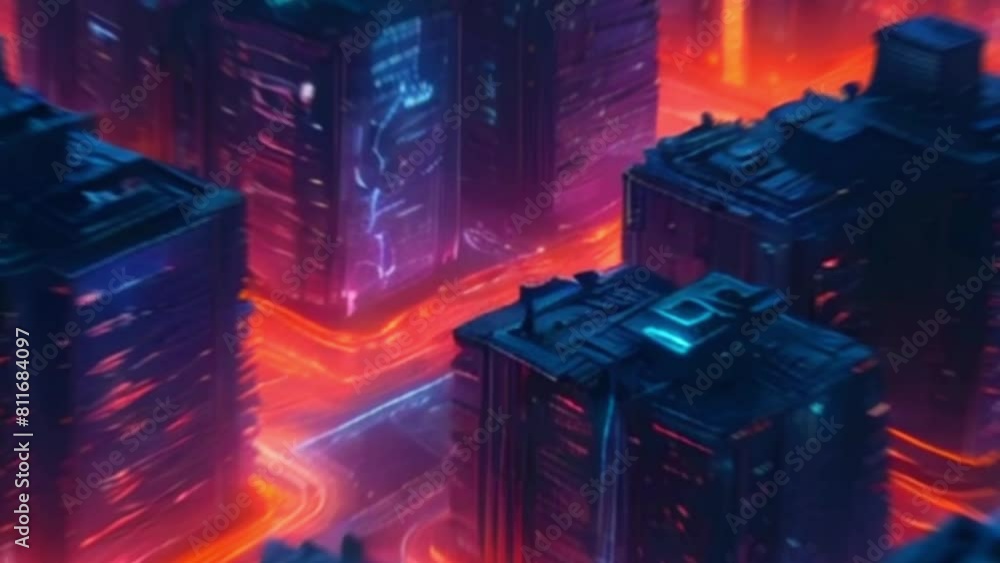 Footage of a Surrealistic Cyberpunk Cityscape at Night, Glowing with ...