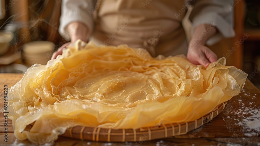 Chef delicately handles thin layers of fresh pasta in a bamboo tray ...