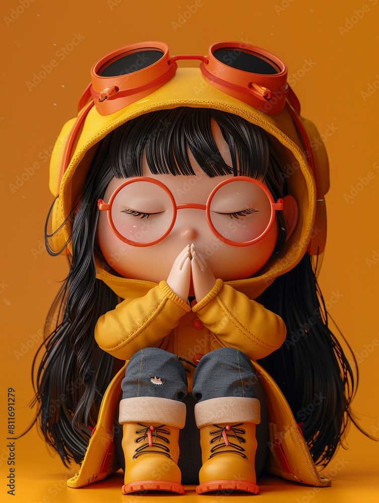 Surveillance perspective,A cartoon asian girl,Sit,one hand on eyes ...