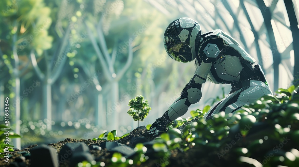 AI robot planting trees in a futuristic bio-dome Stock Illustration ...