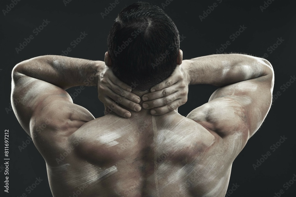 Monochrome, bodybuilder and back and body paint for human artwork ...