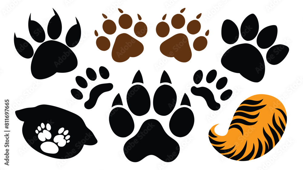 Animals paw prints. Cartoon mammal footprints, black bird foot. Wild ...