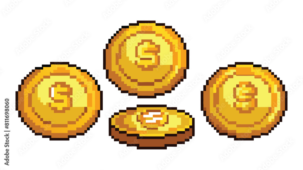 Pixel art gold coins. Cartoon 8bit pixelated money for retro video game ...