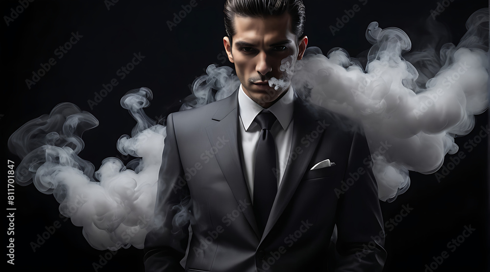 Businessman suit floating with smoke cloud instead of head in dark ...