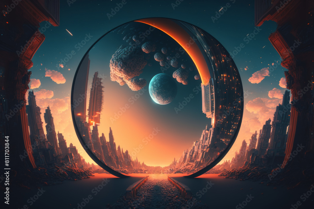 Futuristic city landscape in a metaverse bubble. Sunset scene in a ...