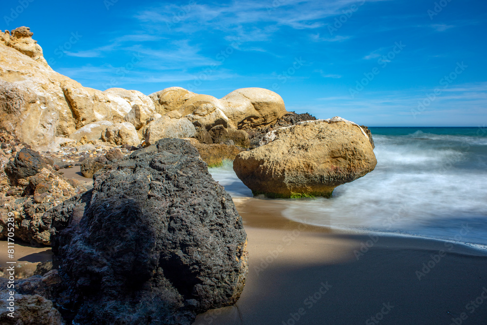 View of the small Cala Rosas in the Puntas de Calnegre regional park in ...