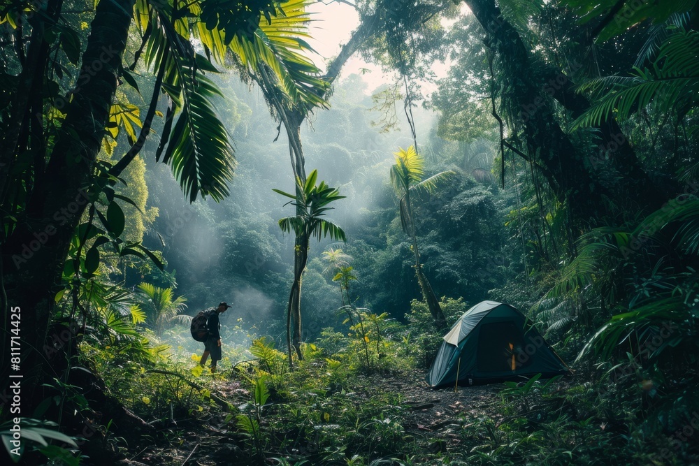 Lifestyle of explorers camping in a tropical rainforest, Illustration ...