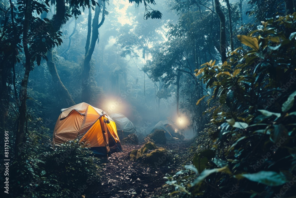 Lifestyle of explorers camping in a tropical rainforest, Illustration ...