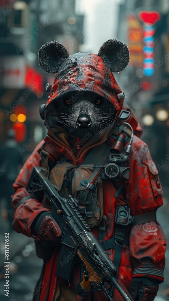 Dystopian NYC Street: Gang Member in Mickey Mouse Mask with Uzi, Hyper ...